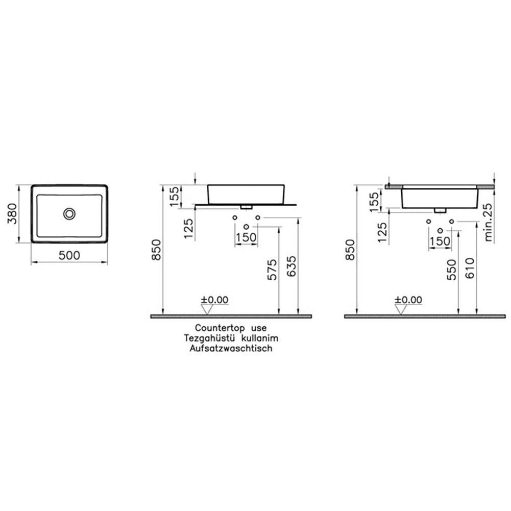 VitrA Nuo Çanak Lavabo Armatür Deliksiz 50 cm | 7436B003-1083